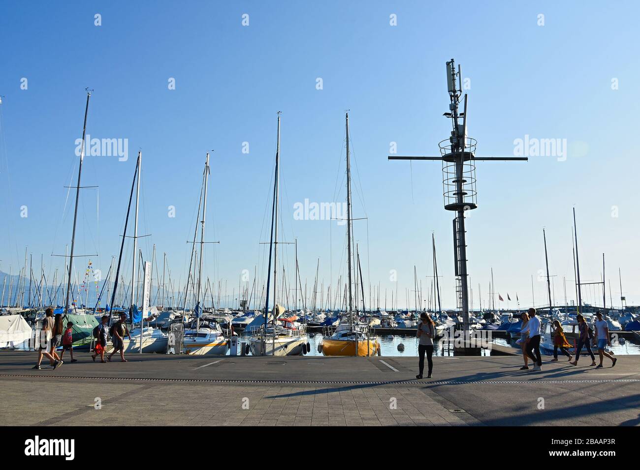 Lausanne, Switzerland - August 24, 2019. Ouchy port on Geneva Lake in ...