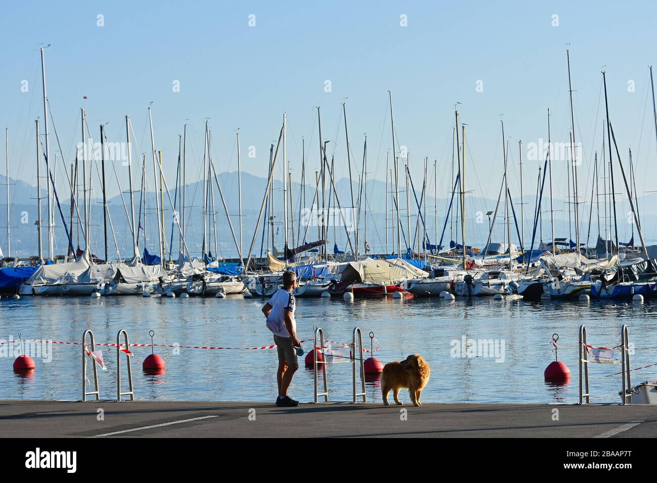 Lausanne, Switzerland - August 24, 2019. Ouchy port on Geneva Lake in ...