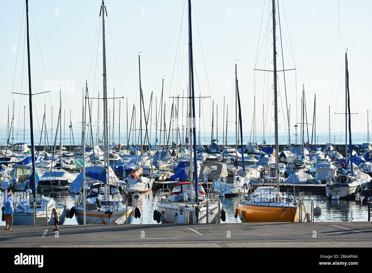 Lausanne, Switzerland - August 24, 2019. Ouchy port on Geneva Lake in ...