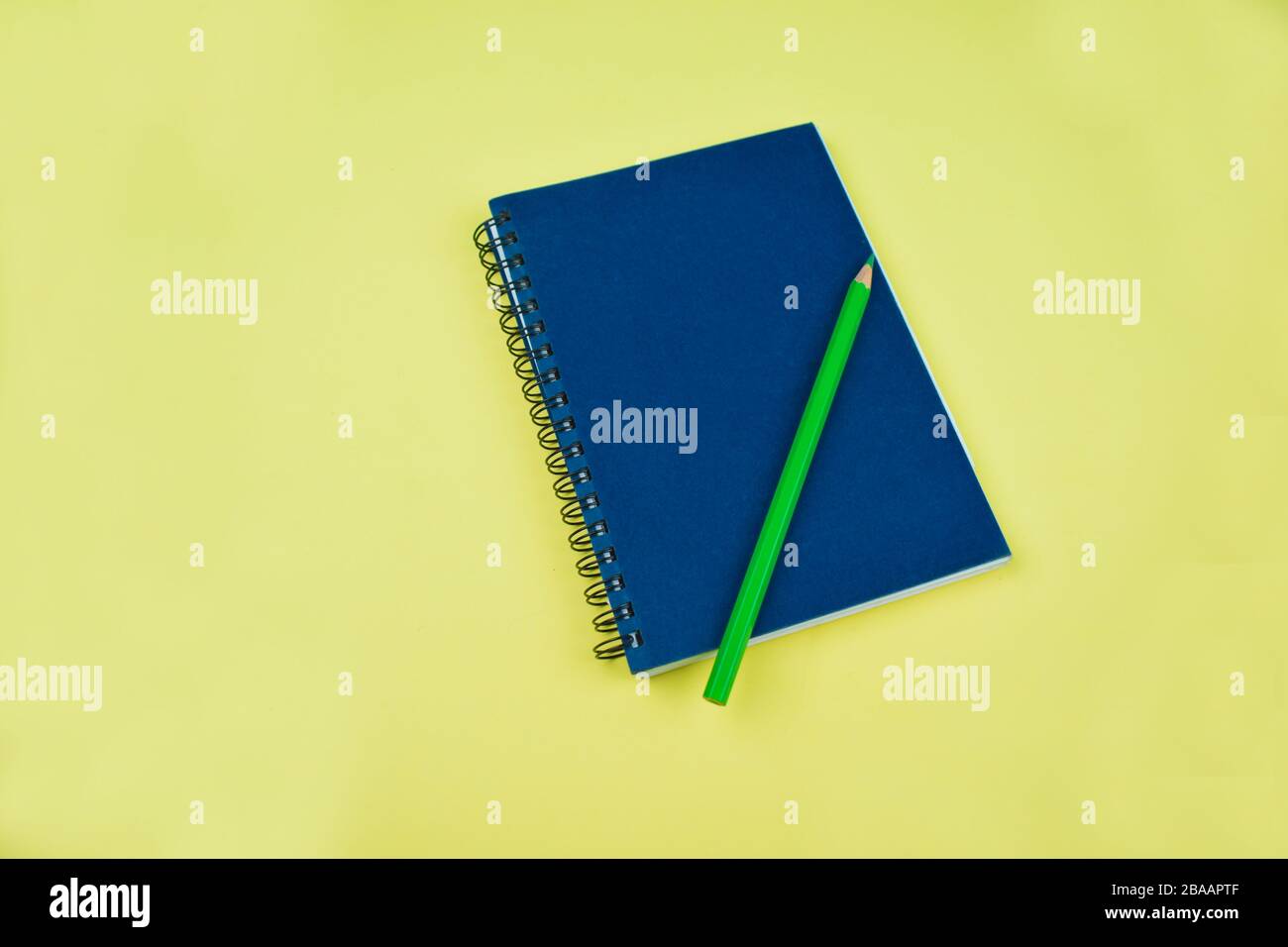 Light green writing pencil crayon on top of a simple blue note book ...
