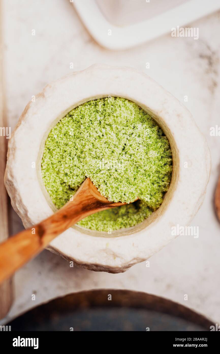 Production of parsley herb salt in a mortar Stock Photo - Alamy