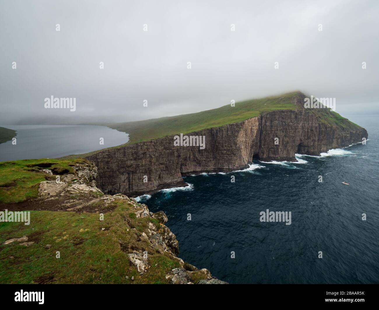 Faroe Islands. Trælanípan. View form Slave Cliffs on the lake ...