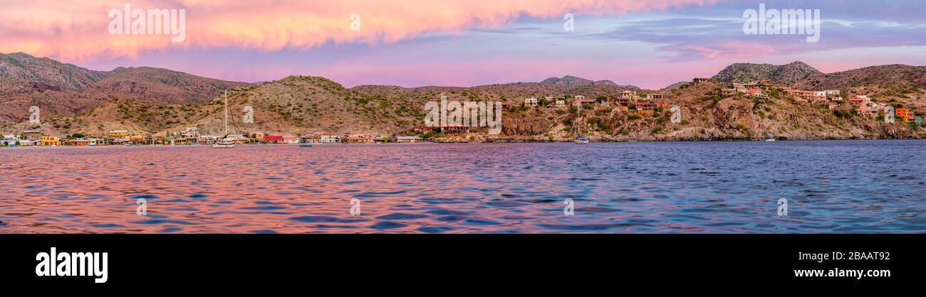 View of sea and village on coastline Baja California Sur, Mexico Stock ...