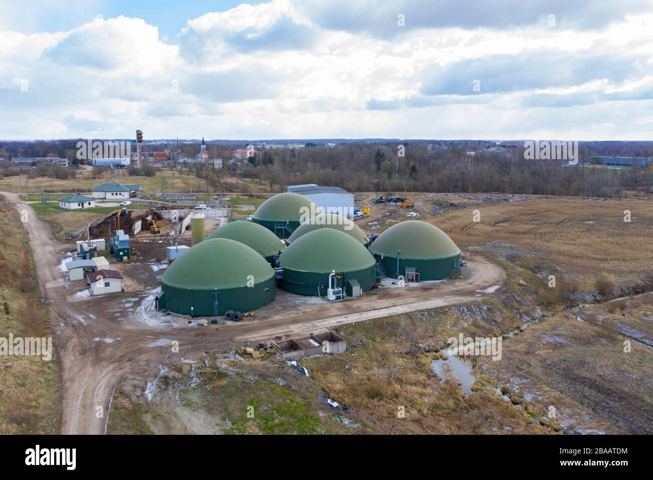 Aerial view of green biogas plant storage tanks Stock Photo - Alamy