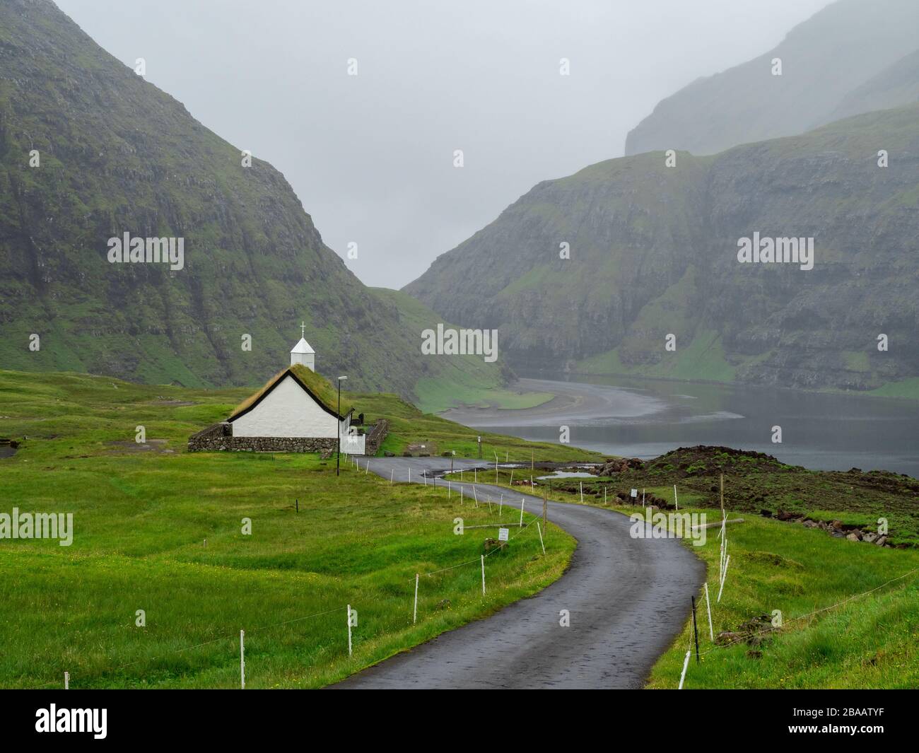 Faroe Islands, Streymoy, Saksun. View on Saksun's church and valley ...