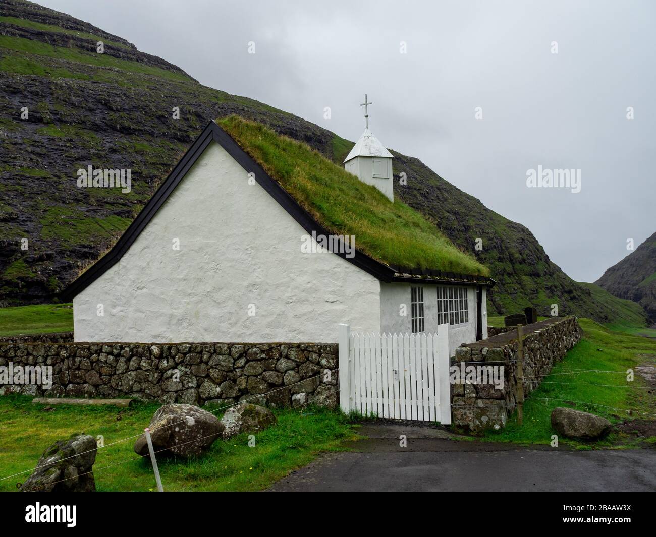 Faroe Islands. Saksun. Old white church with green grass roof Stock ...