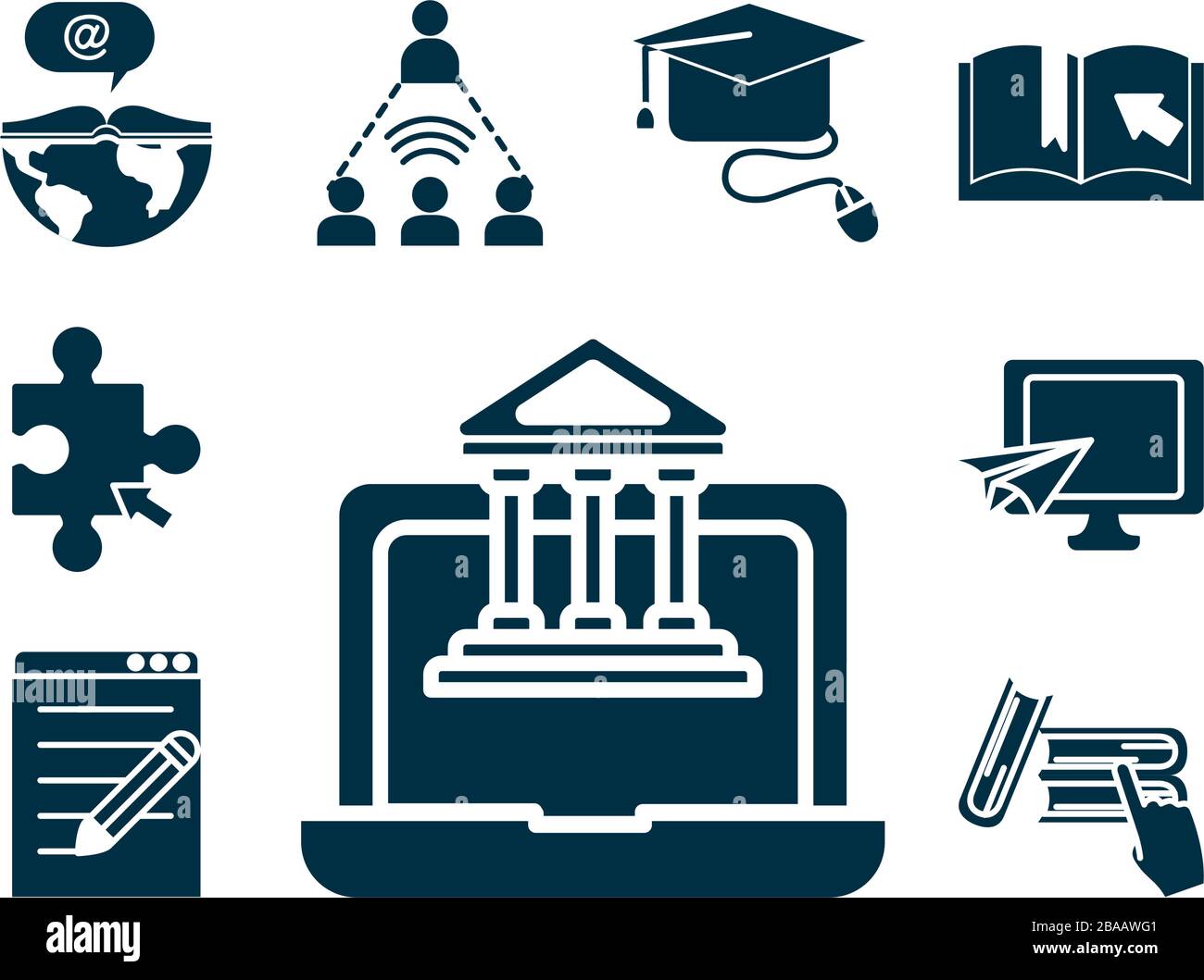 laptop computer and online education icon set over white background ...