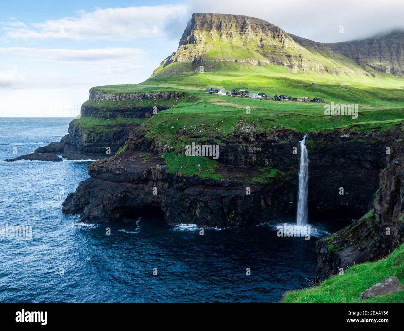 Faroe Islands, famous Mulafossur Waterfall, its water falling into the ...