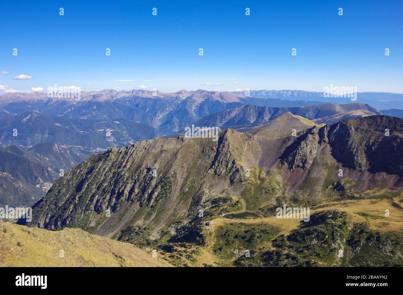 Panorama of the Pyrenees mountains in Andorra, from top of Coma Pedrosa ...