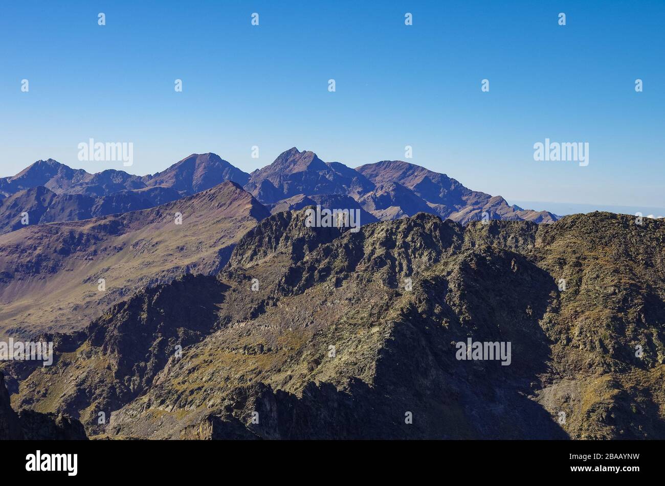 Panorama of the Pyrenees mountains in Andorra, from top of Coma Pedrosa ...
