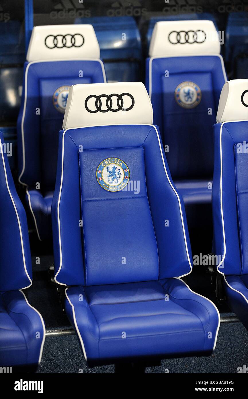 Chelsea branded seats in the home side dugout at Stamford Bridge Stock ...