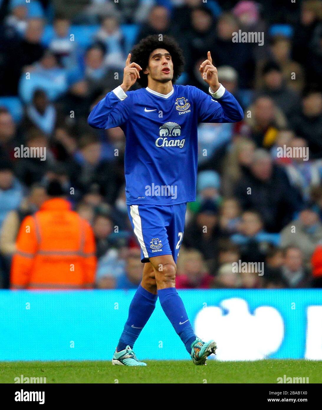 Everton's Marouane Fellaini celebrates scoring his side's first goal of ...