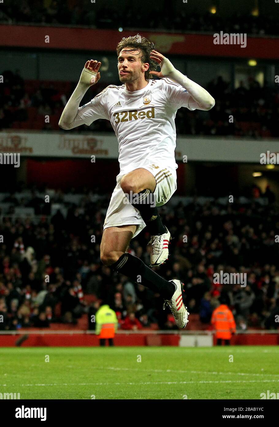 Swansea citys michu celebrates scoring the second goal hi-res stock ...