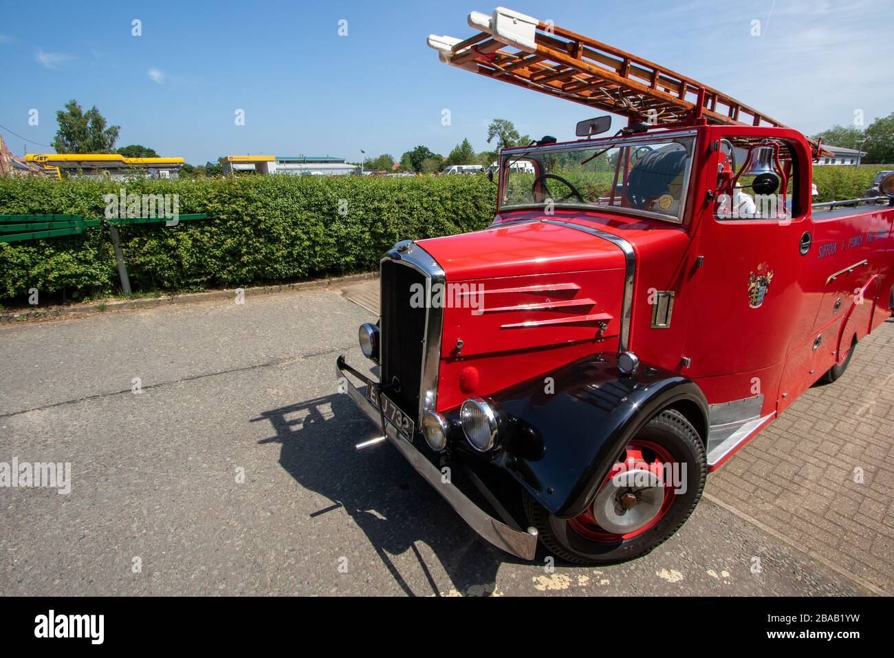 Historic open top fire engine in beautiful condition and the sun Stock ...