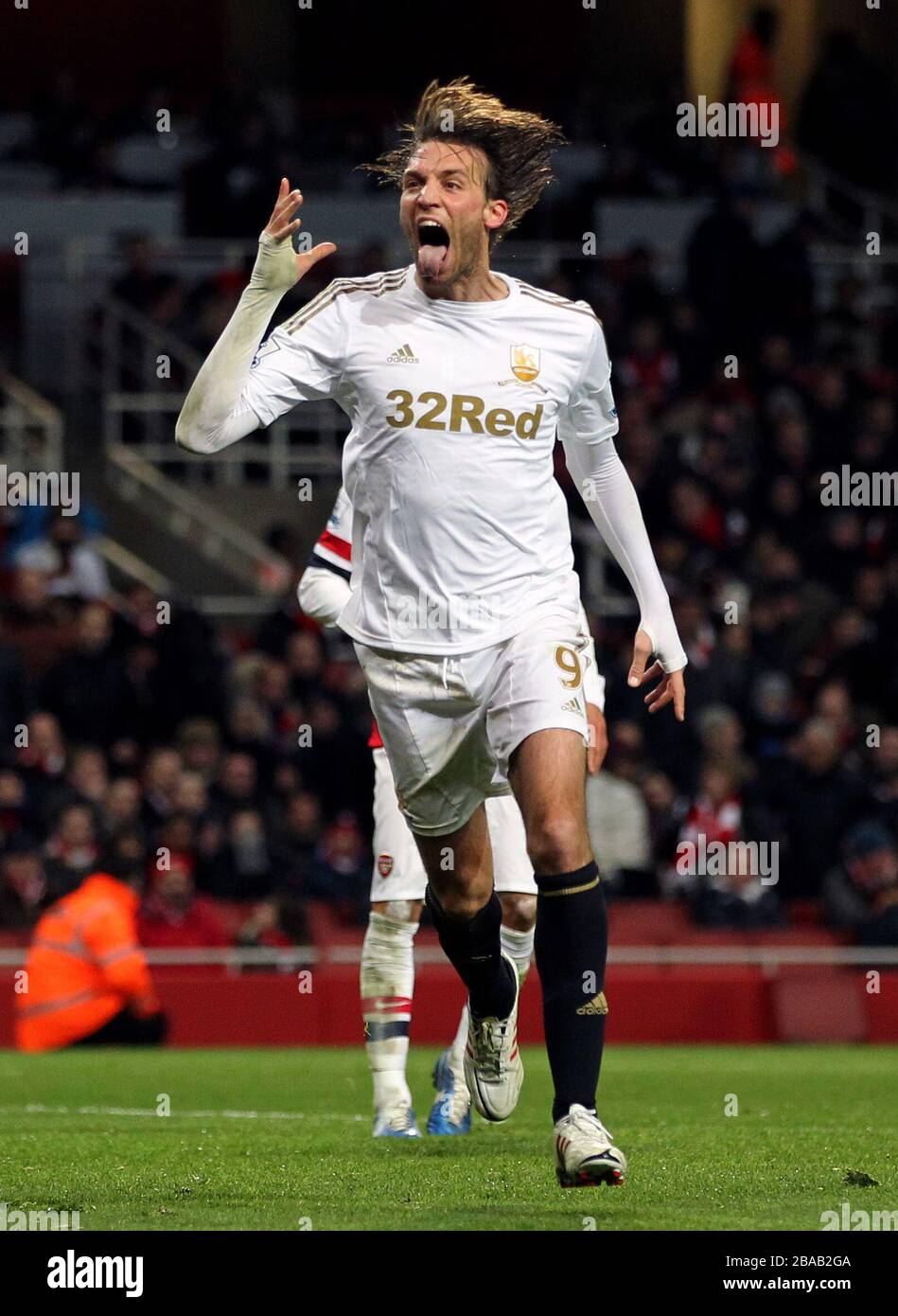 Swansea City's Miguel Michu celebrates scoring his sides first goal ...