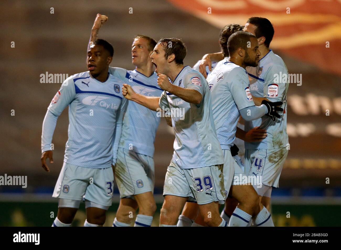 Coventry City players celebrate David McGoldrick (right) scoring their ...