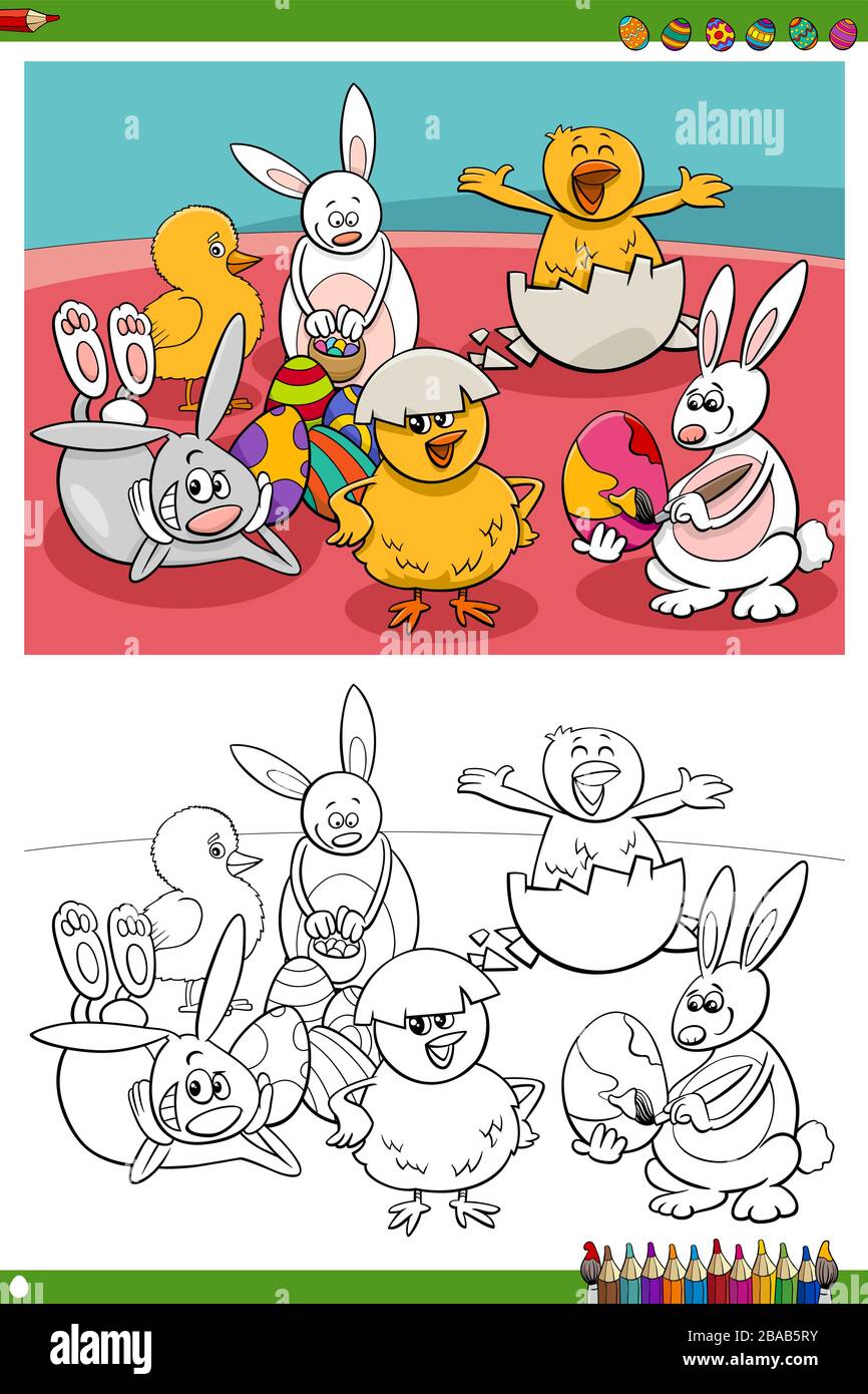 Cartoon Illustrations of Easter Bunnies and Chicks Holiday Characters ...