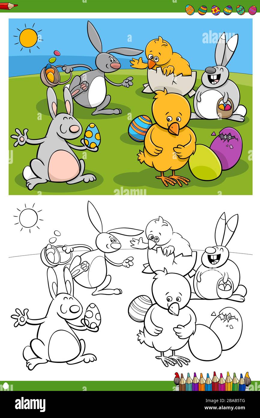 Cartoon Illustrations of Easter Bunnies and Chicks Holiday Characters ...