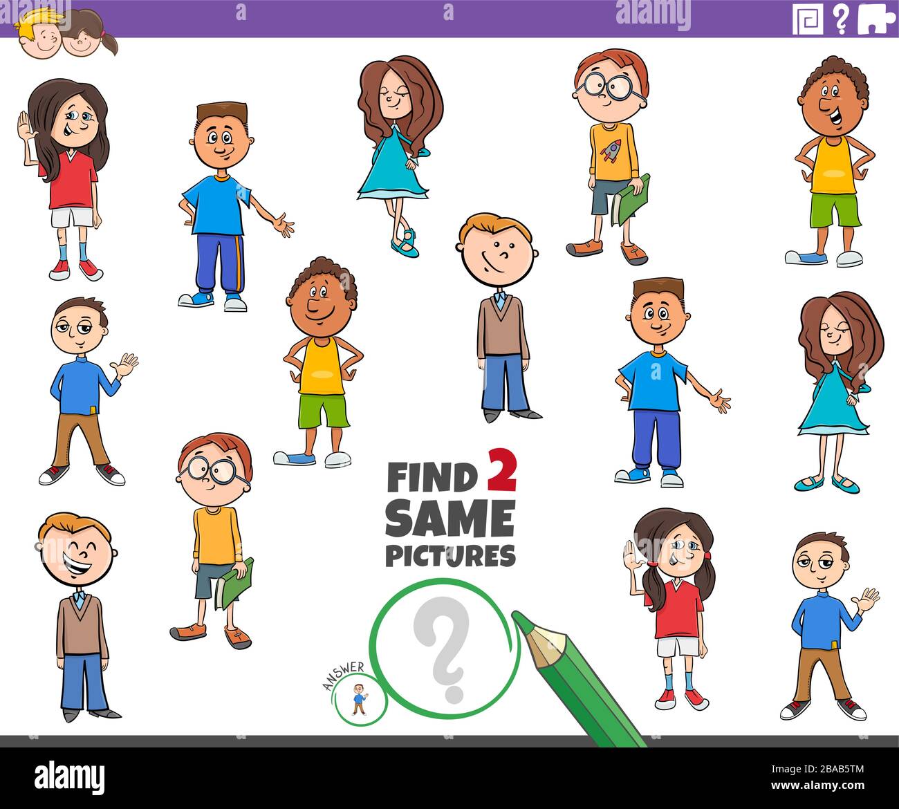 Cartoon Illustration of Finding Two Same Pictures Educational Game for ...