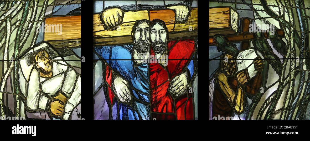 Simon of Cyrene carries the cross, stained glass window by Sieger Koder ...