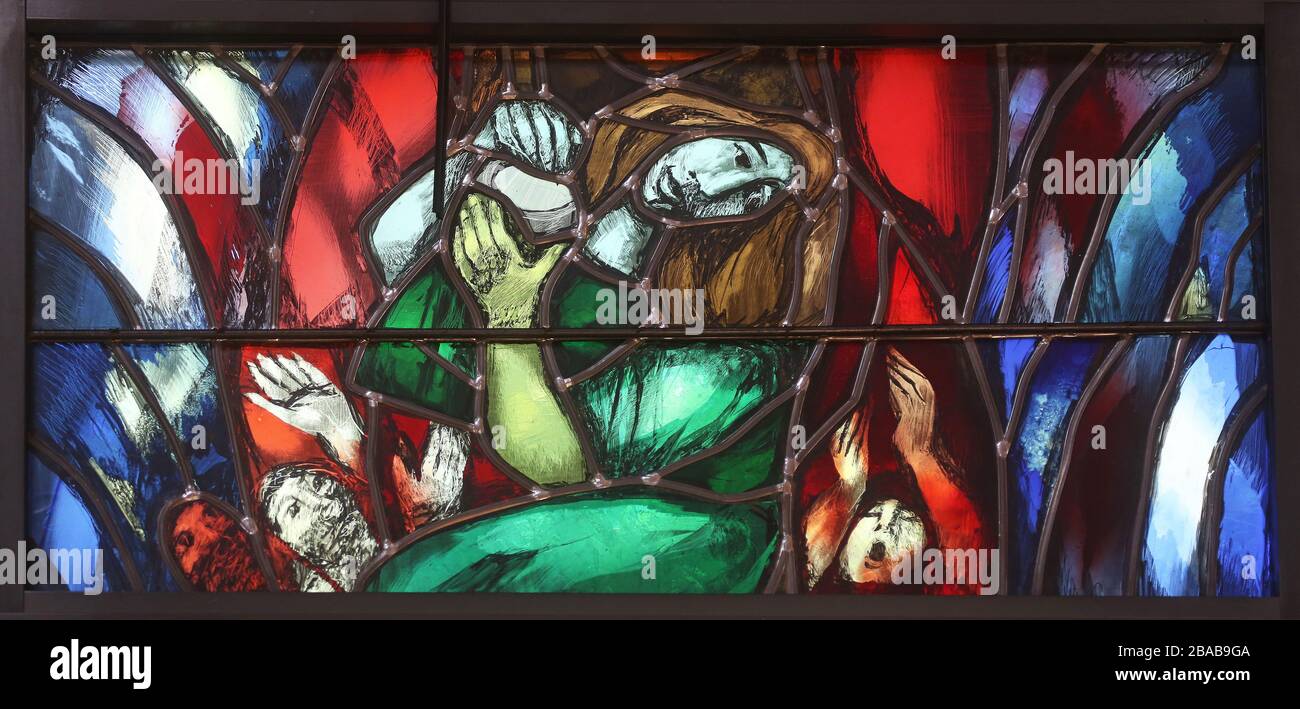 Resurrection, God gives people new life, detail of stained glass window ...