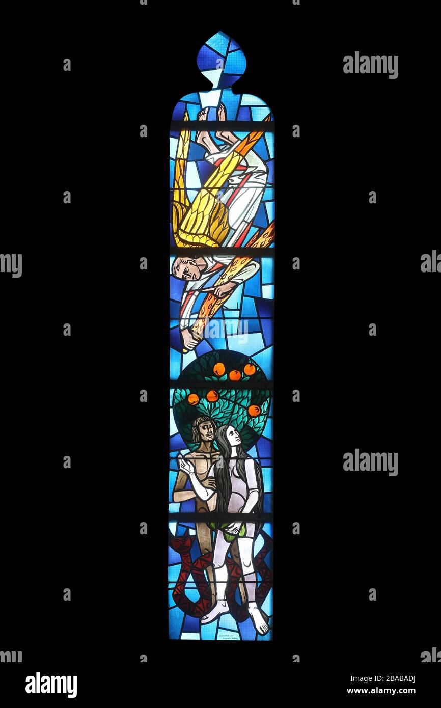Adam and Eve, stained glass window at Evangelical Church in Wasseralfingen, Germany Stock Photo ...
