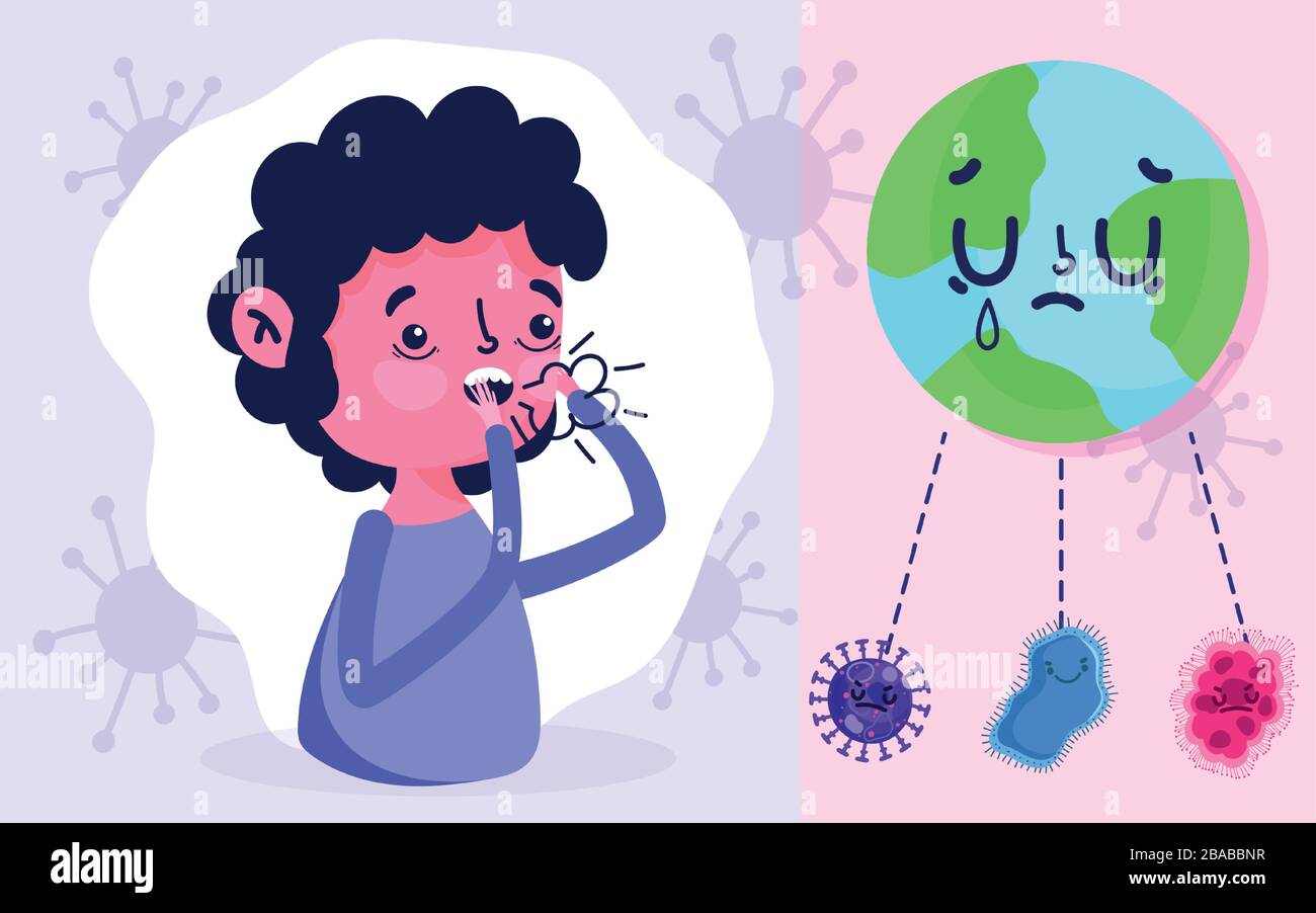 virus covid 19 pandemic, boy coughing fever world sick cartoon vector ...