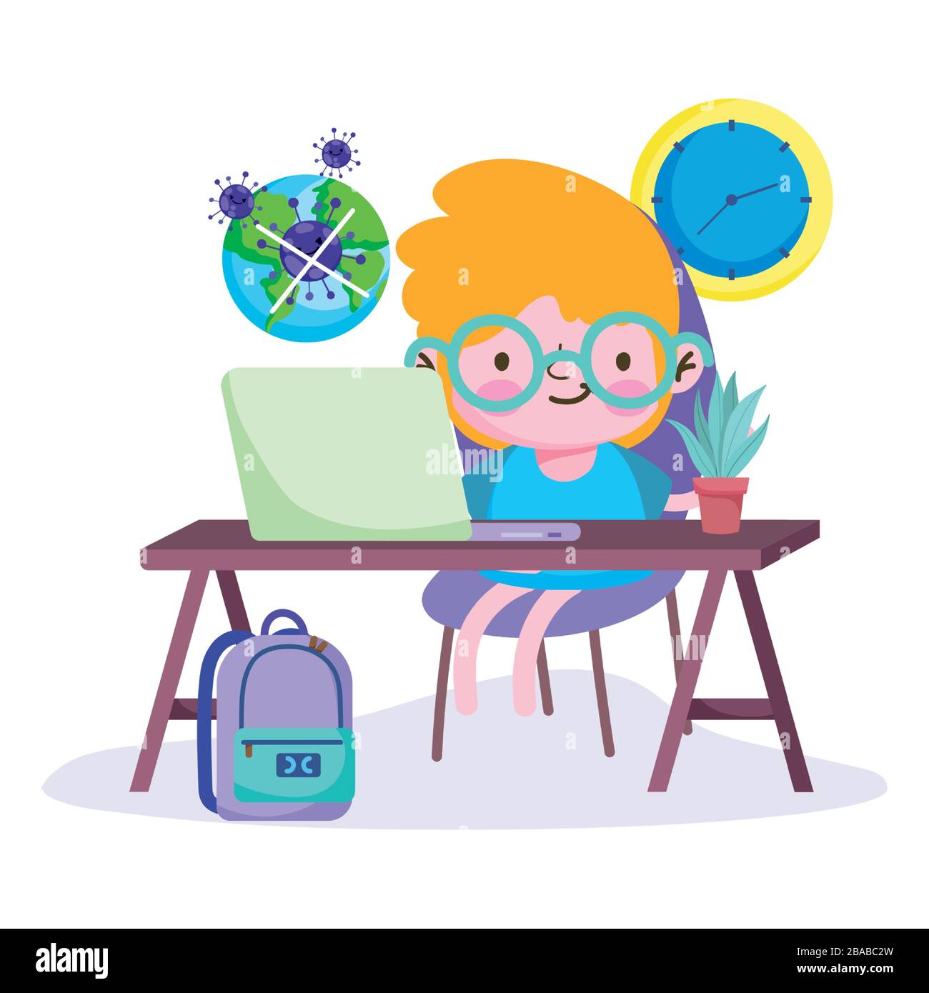 education online, little boy studying with computer, sick world ...