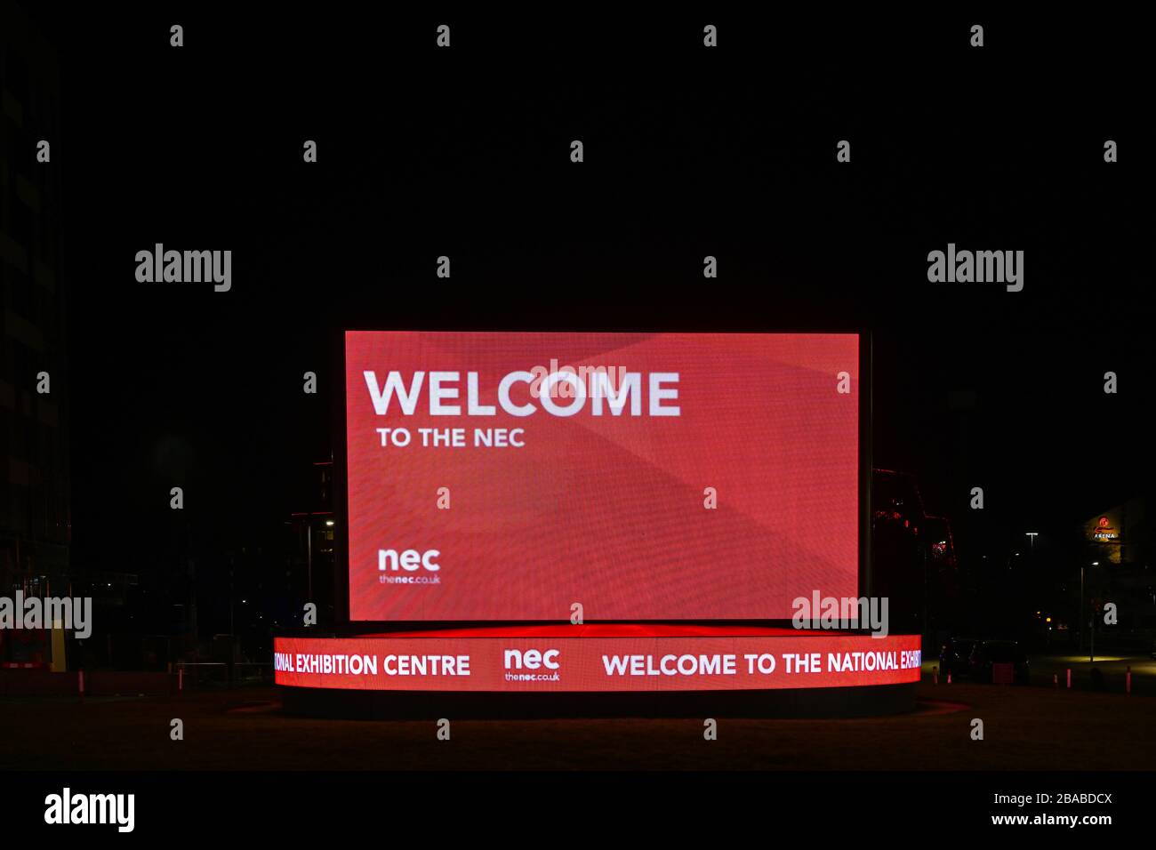 BIRMINGHAM, ENGLAND - DECEMBER 2019: "Welcome to the NEC" on a giant ...