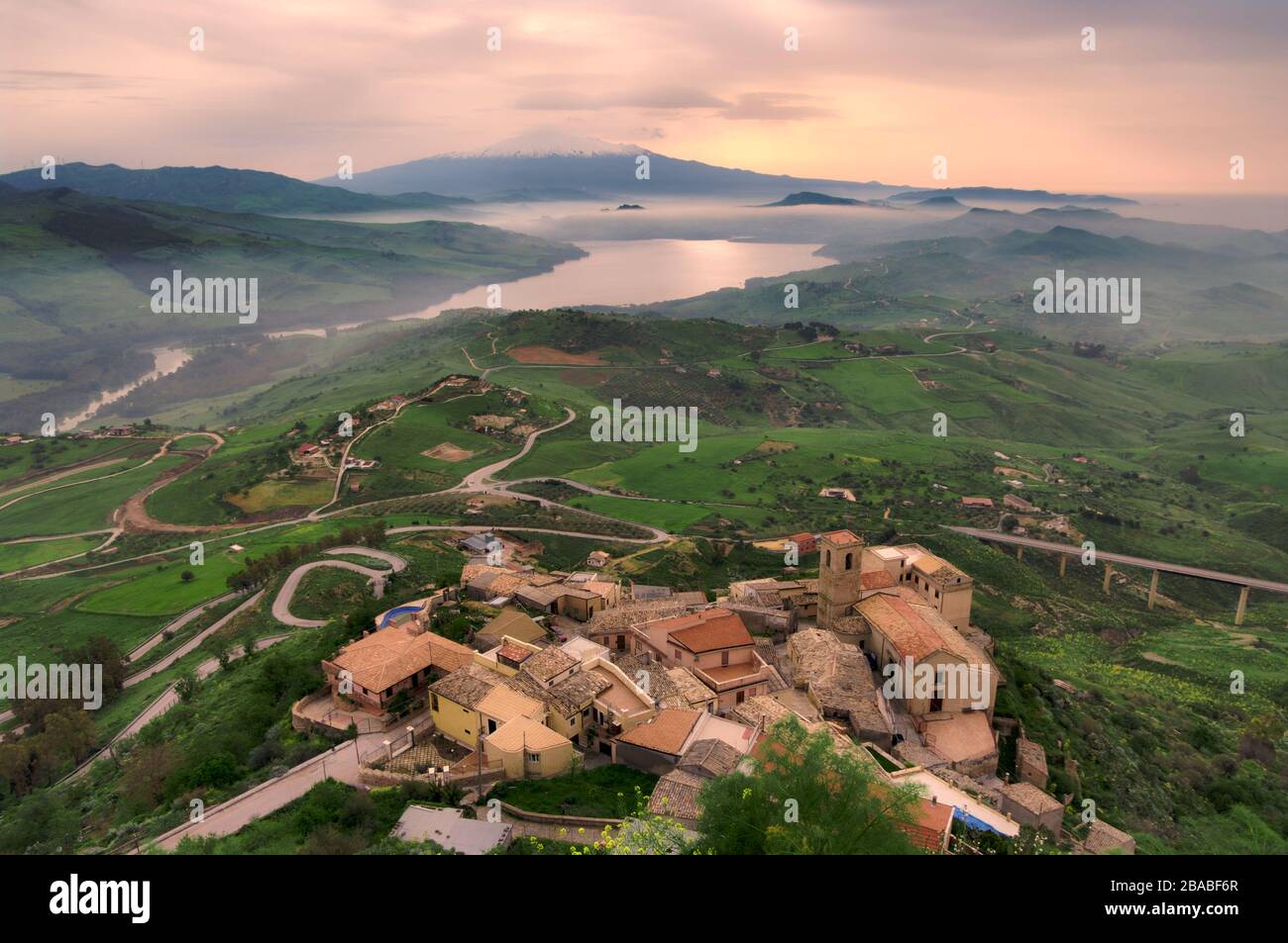 high view top roof of Agira Town and natural landscape of Pozzillo lake ...