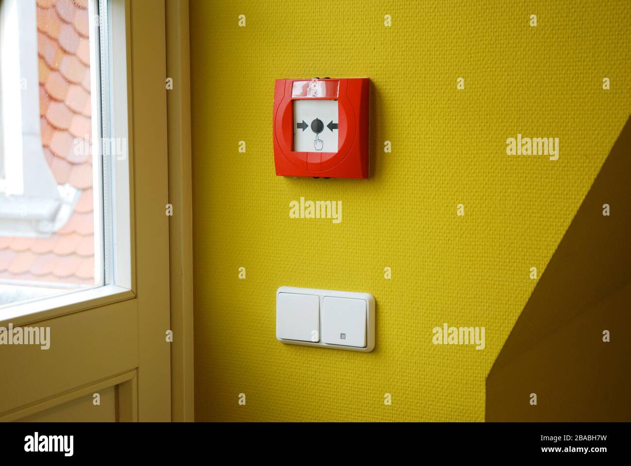 Fire alarm infrastructure in a house red signal button Stock Photo - Alamy