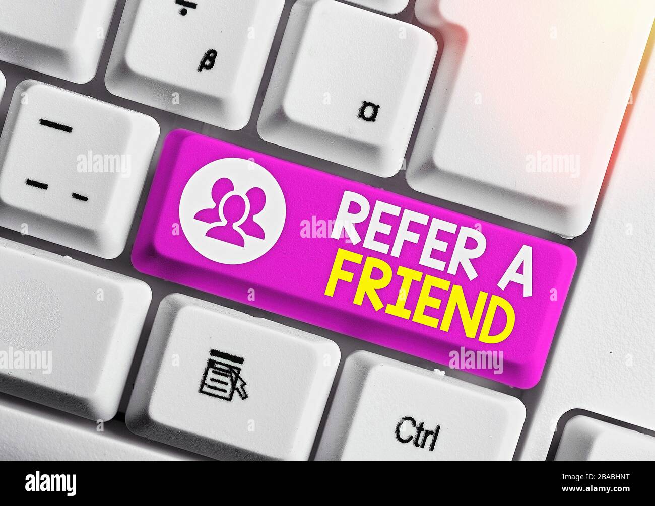 Writing note showing Refer A Friend. Business concept for direct ...