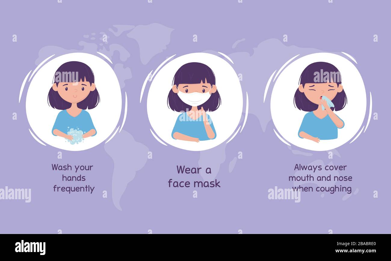 virus covid 19 prevention washing hands, wear medical mask, cover mouth ...