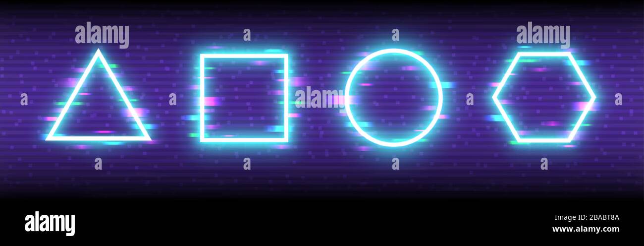 Glitch neon shapes on retro futuristic backdrop. Cyberpunk geometric ...