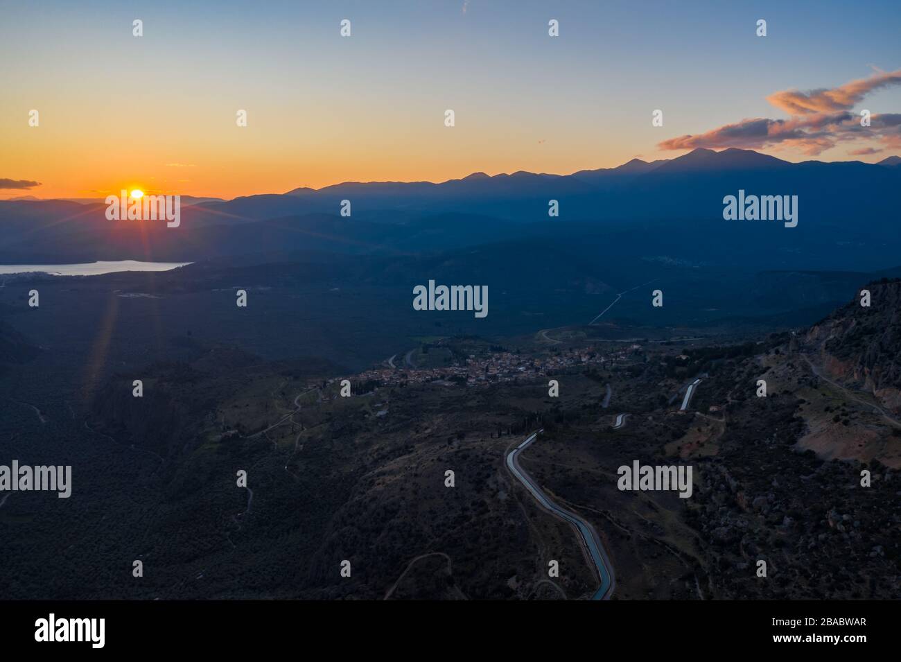 Aerial view of Delphi, Greece, the Gulf of Corinth, orange color of ...