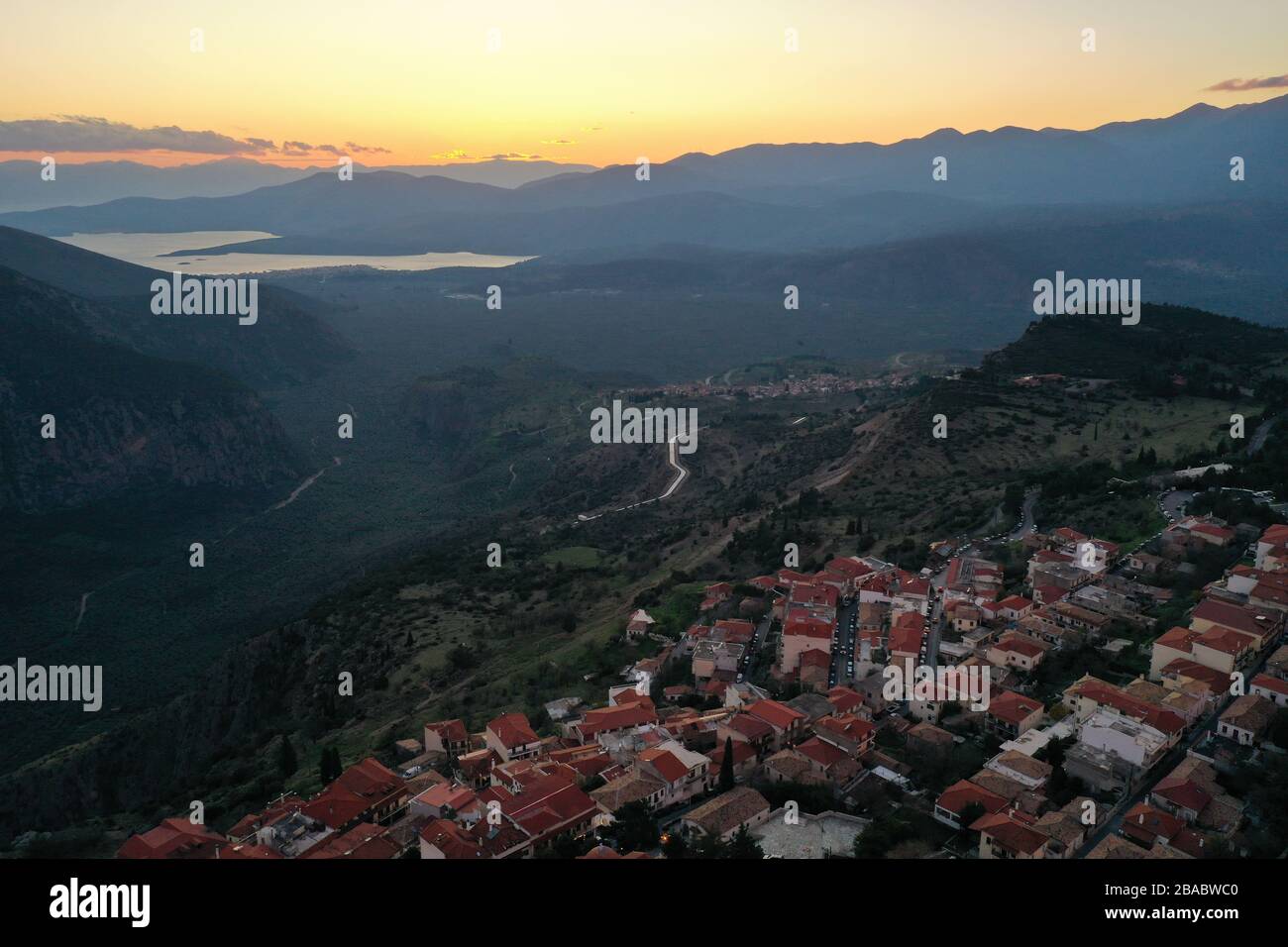 Aerial view of Delphi, Greece, the Gulf of Corinth, orange color of ...