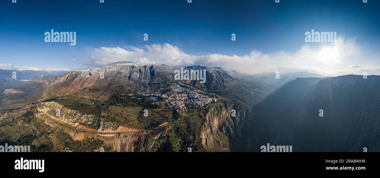 Aerial view of Delphi, Greece at sunrise, the Gulf of Corinth, Morning ...