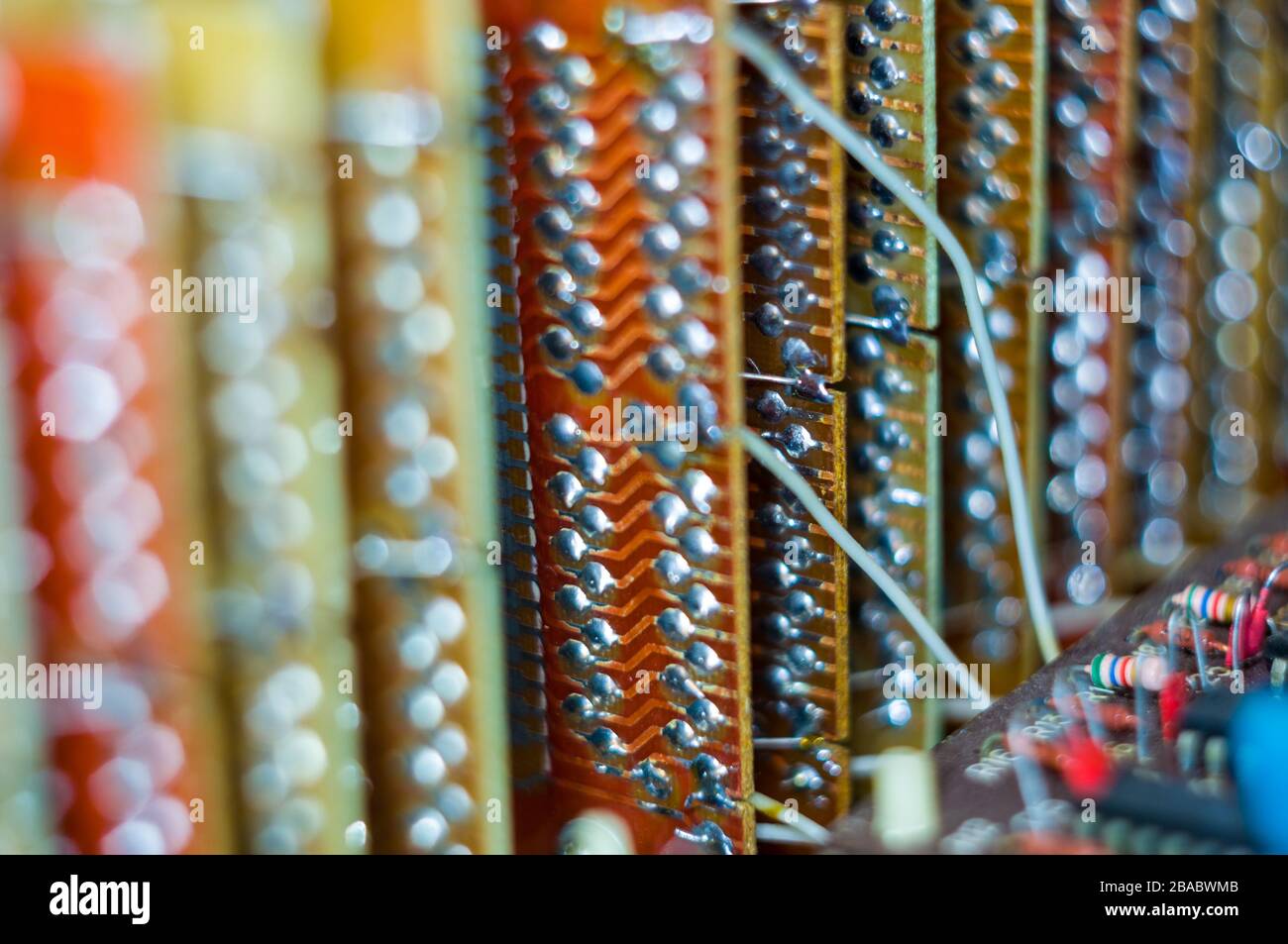 Vintage electronic circuit boards with radio parts and chips, close-up ...