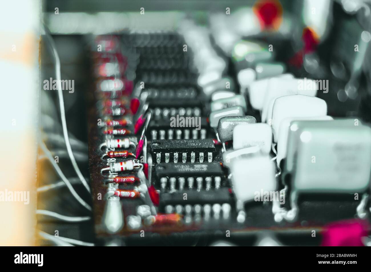 Vintage electronic circuit boards with radio parts and chips, close-up ...
