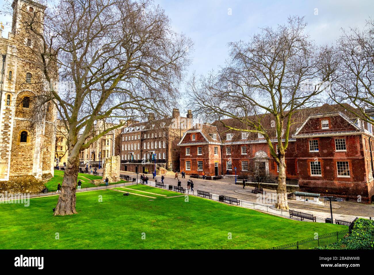 View of the inner courtyard of the Tower of London, from left White ...
