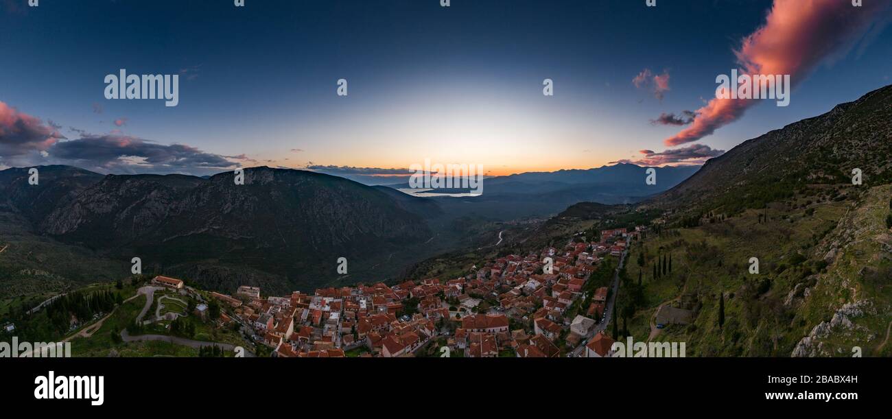 Aerial view of Delphi, Greece, the Gulf of Corinth, orange color of ...