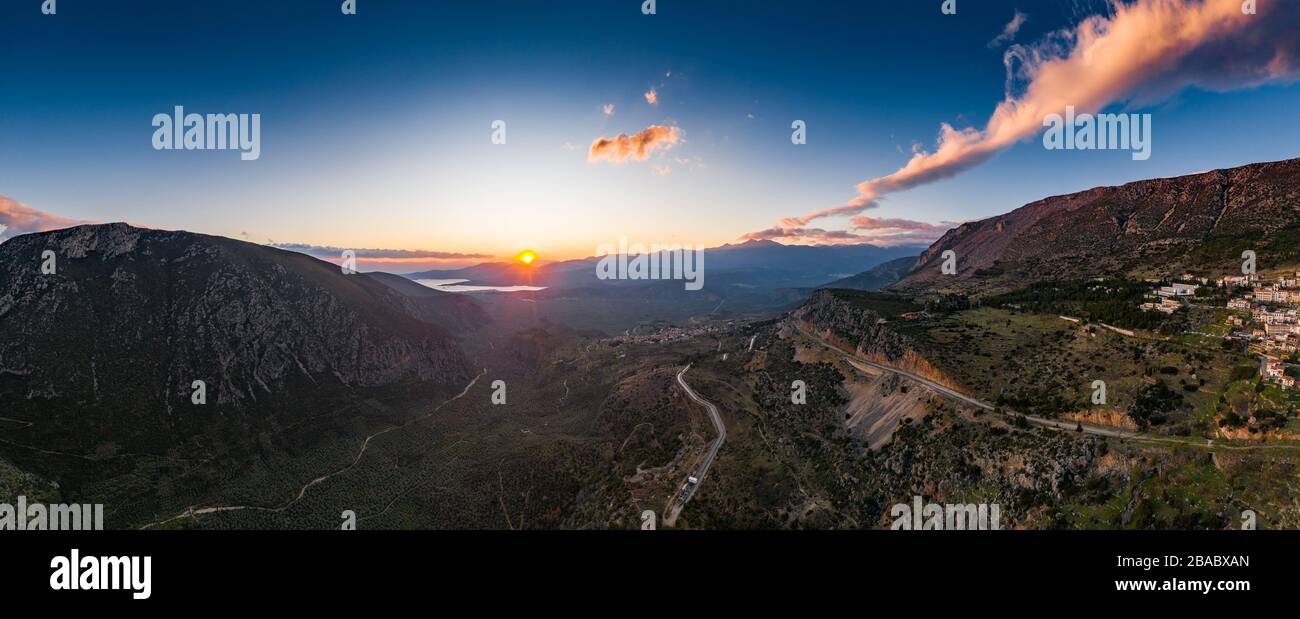 Aerial view of Delphi, Greece, the Gulf of Corinth, orange color of ...