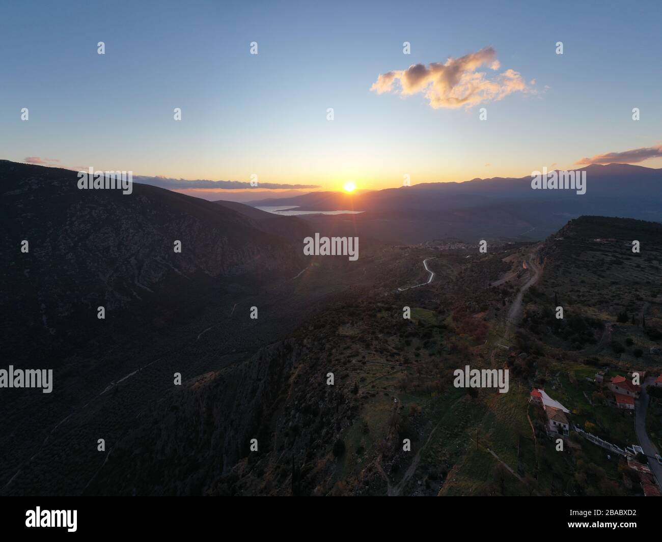 Aerial view of Delphi, Greece, the Gulf of Corinth, orange color of ...