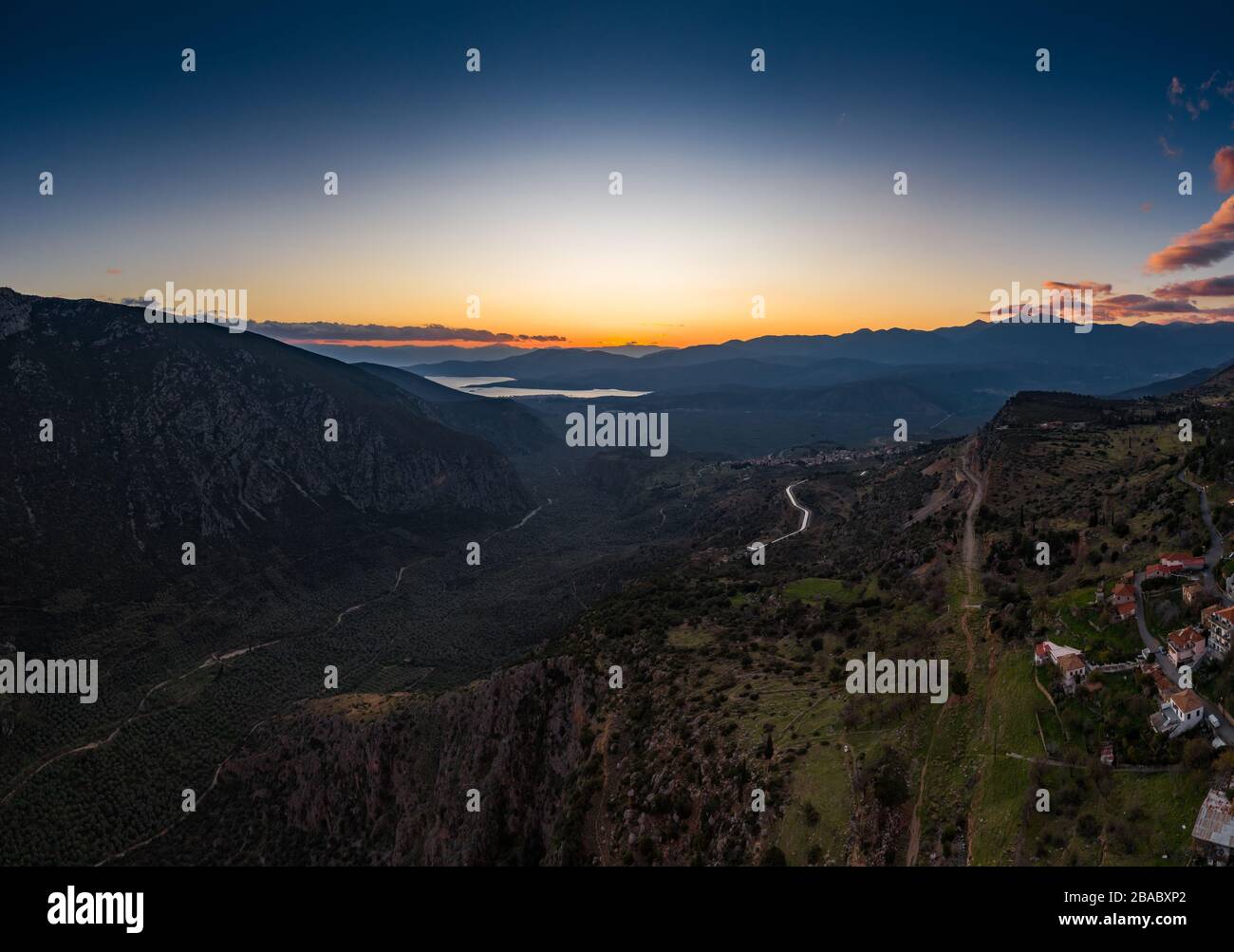 Aerial view of Delphi, Greece, the Gulf of Corinth, orange color of ...