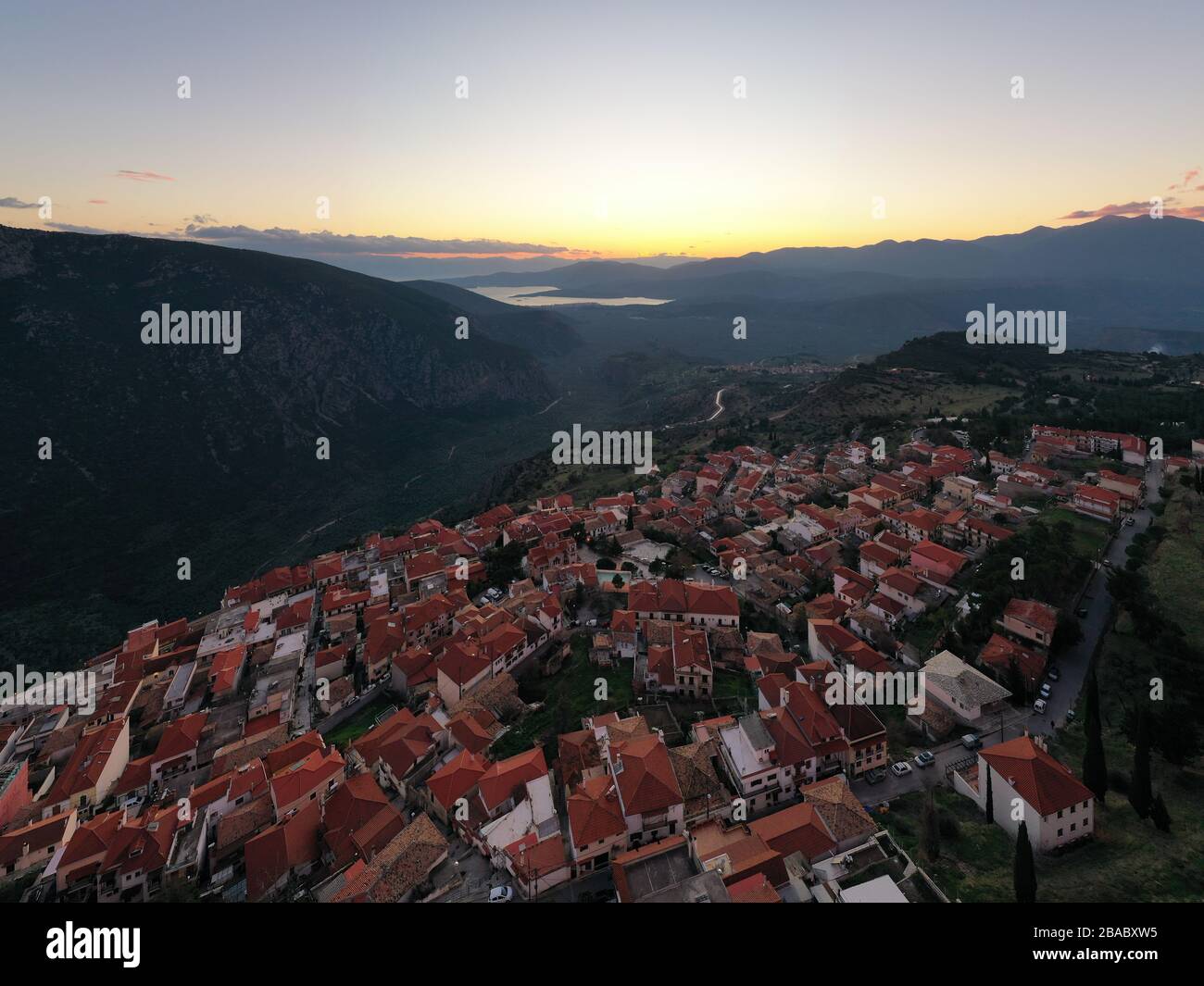Aerial view of Delphi, Greece, the Gulf of Corinth, orange color of ...