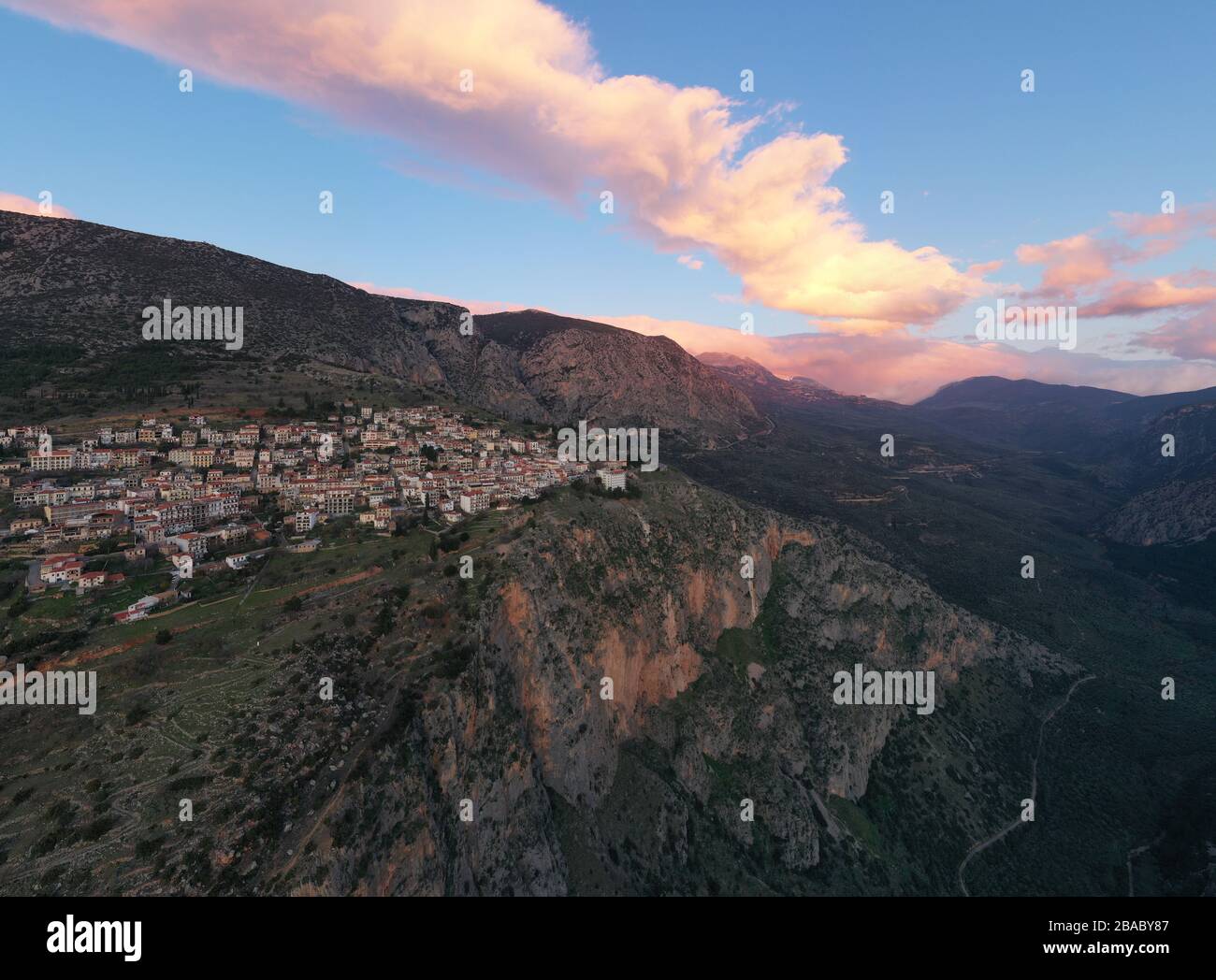 Aerial view of Delphi, Greece, the Gulf of Corinth, orange color of ...