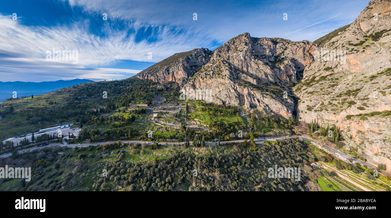 Aerial view of antique Theatre and Apollo Temple in Delphi, Greece at ...