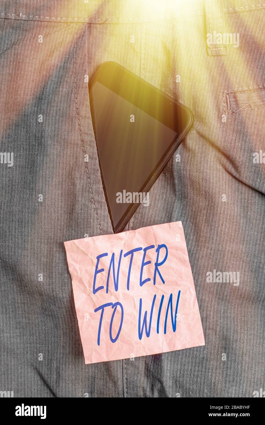 Text sign showing Enter To Win. Business photo showcasing exchanging ...