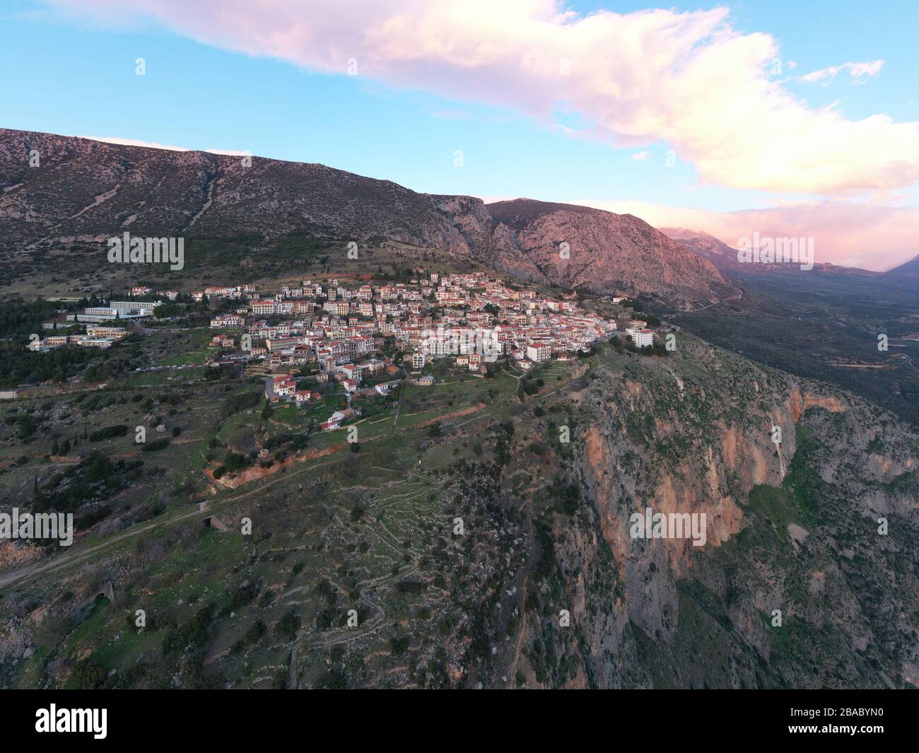 Aerial view of Delphi, Greece, the Gulf of Corinth, orange color of ...