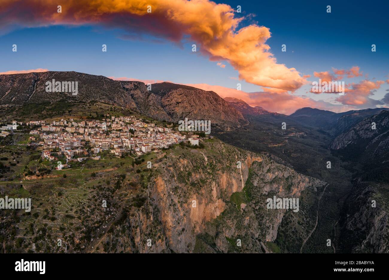Aerial view of Delphi, Greece, the Gulf of Corinth, orange color of ...